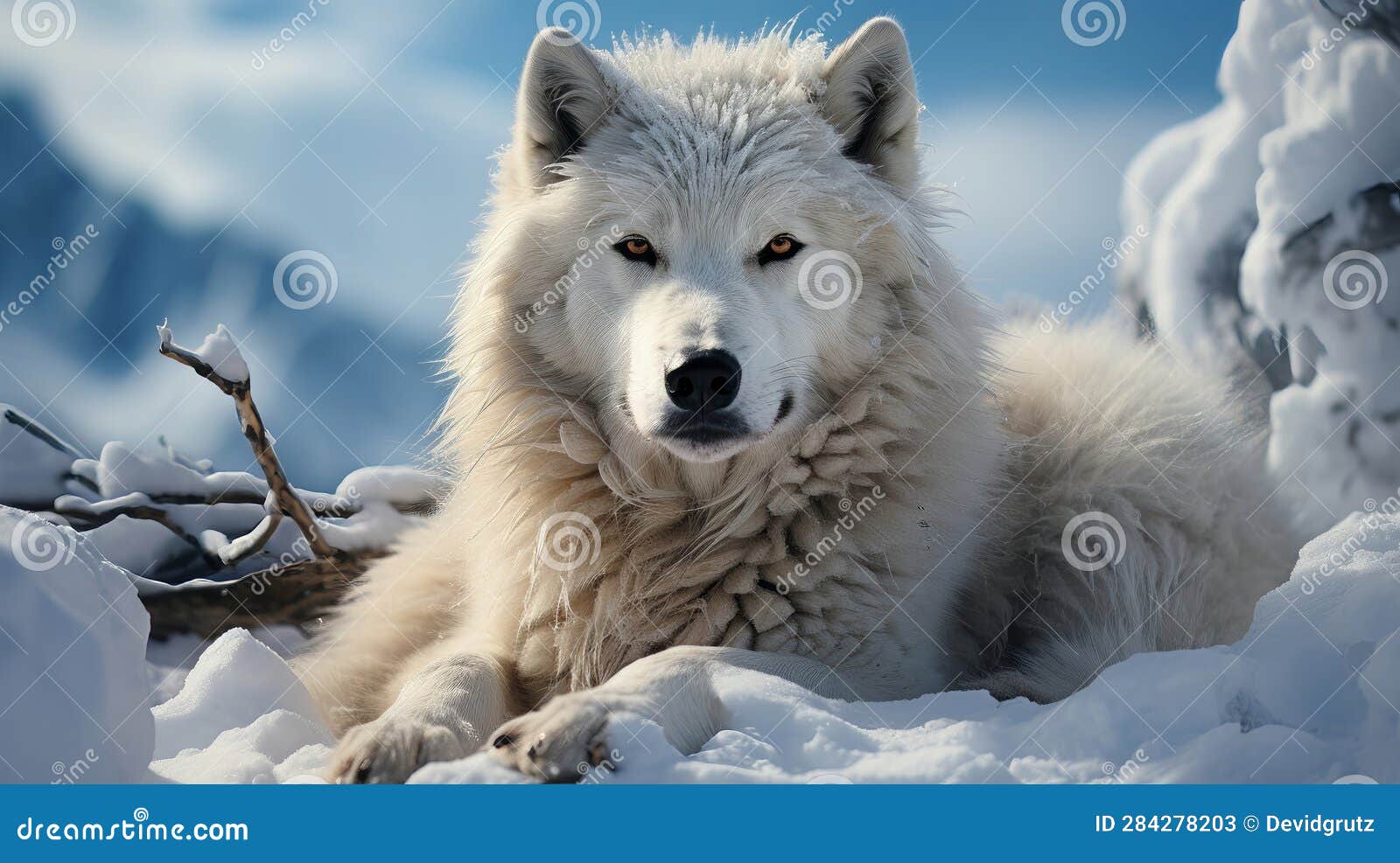 A White Wolf Sitting in the Snow. Generative AI. Stock Image - Image of ...