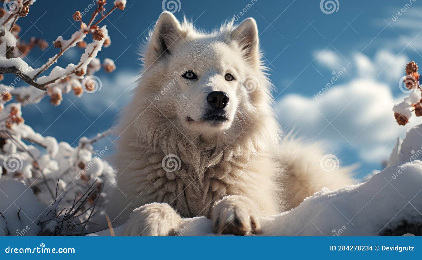 A White Wolf Sitting in the Snow. Generative AI. Stock Photo - Image of ...
