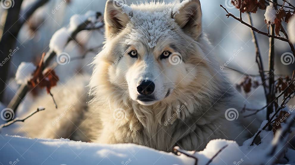 A White Wolf Sitting in the Snow. Generative AI. Stock Image - Image of ...