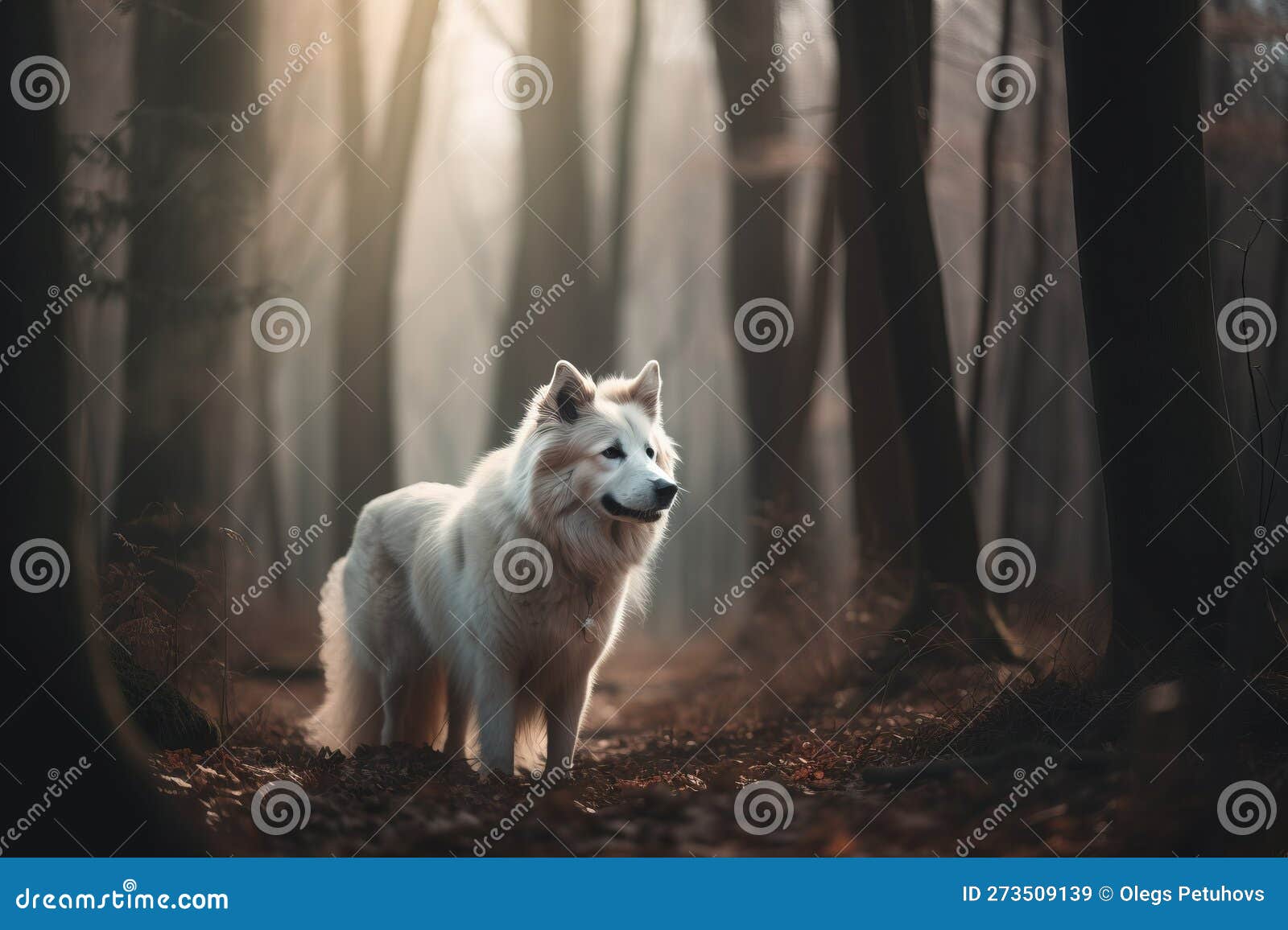 A White Wolf Standing in the Middle of a Forest Filled with Trees Stock ...