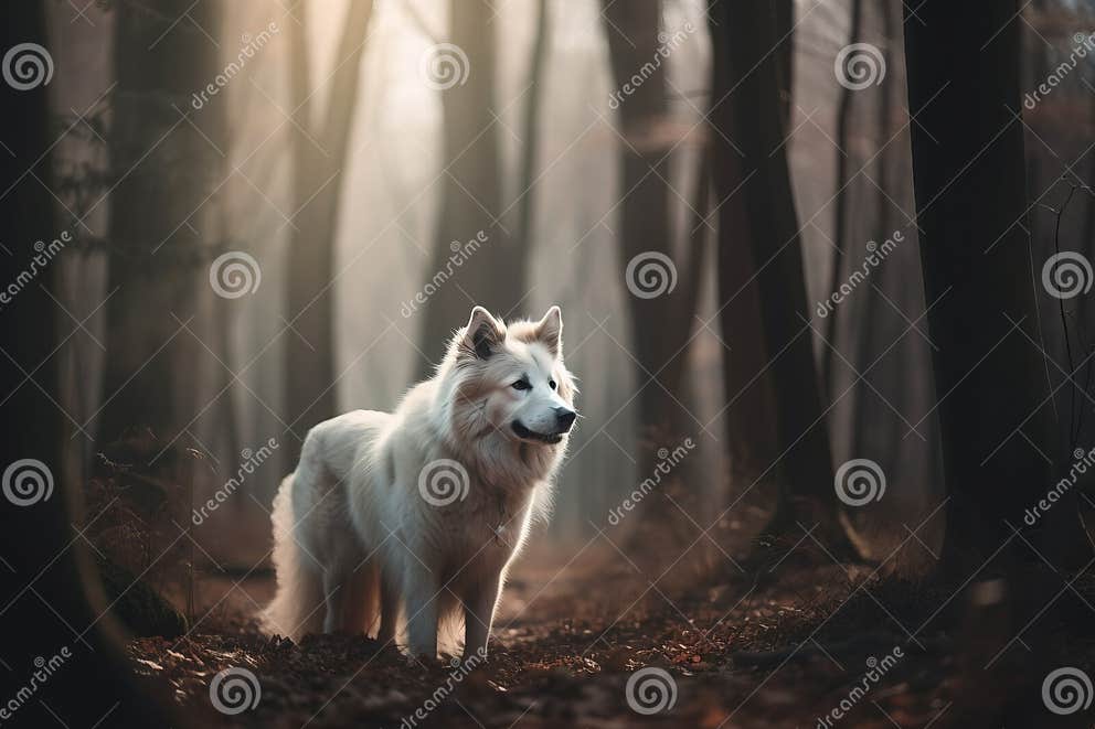 A White Wolf Standing in the Middle of a Forest Filled with Trees Stock ...