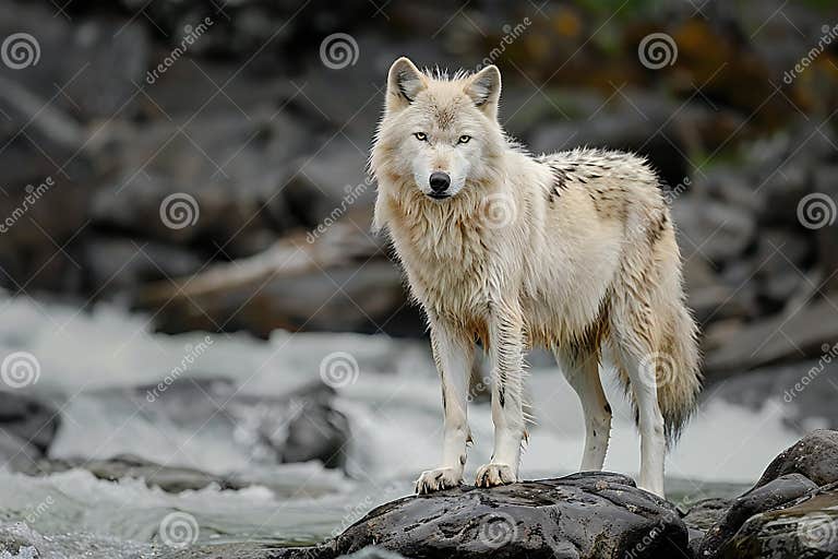 White Wolf Standing on a Rock in Front of a Mountain River Stock ...