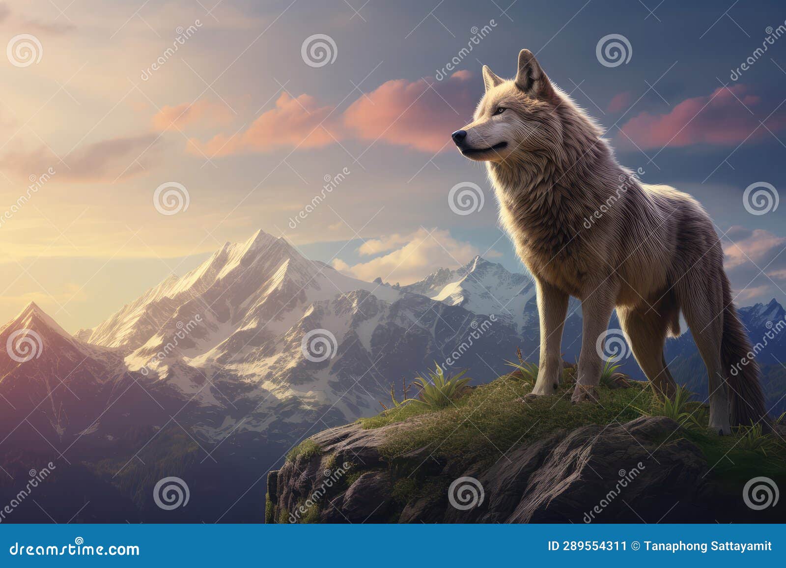 White Wolf on Top of Mountain at Sunset Stock Illustration ...