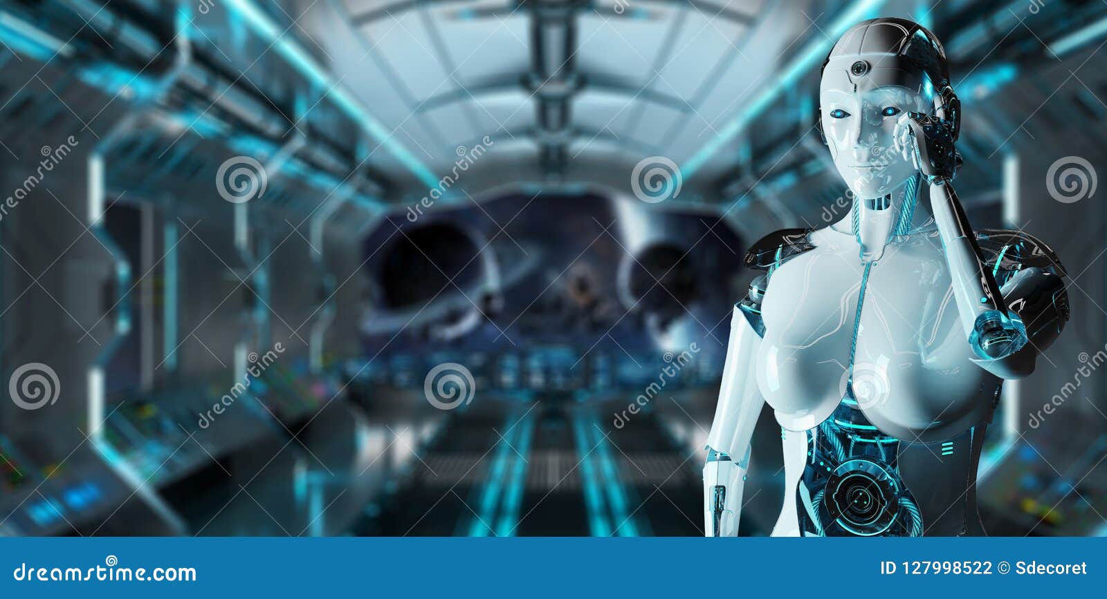 White Woman Cyborg Thinking and Touching Her Head 3D Rendering Stock ...