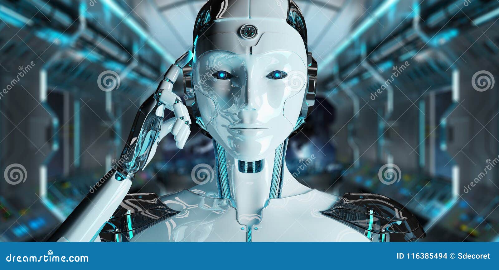 White Woman Cyborg Thinking and Touching Her Head 3D Rendering Stock ...