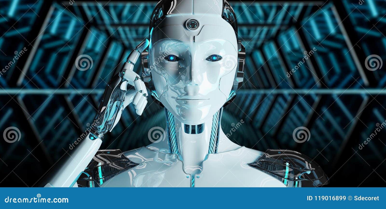 White Woman Cyborg Thinking and Touching Her Head 3D Rendering Stock ...