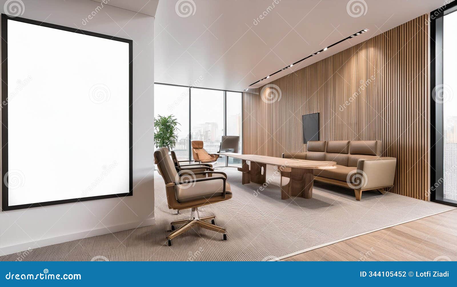White and Wood CEO Office Corner Lounge and Poster Stock Illustration ...