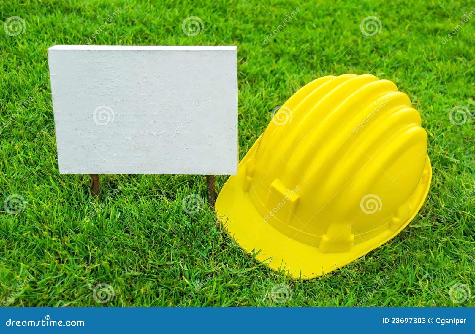 White Wood Sign and Safety Helmet Stock Image - Image of closeup, back ...
