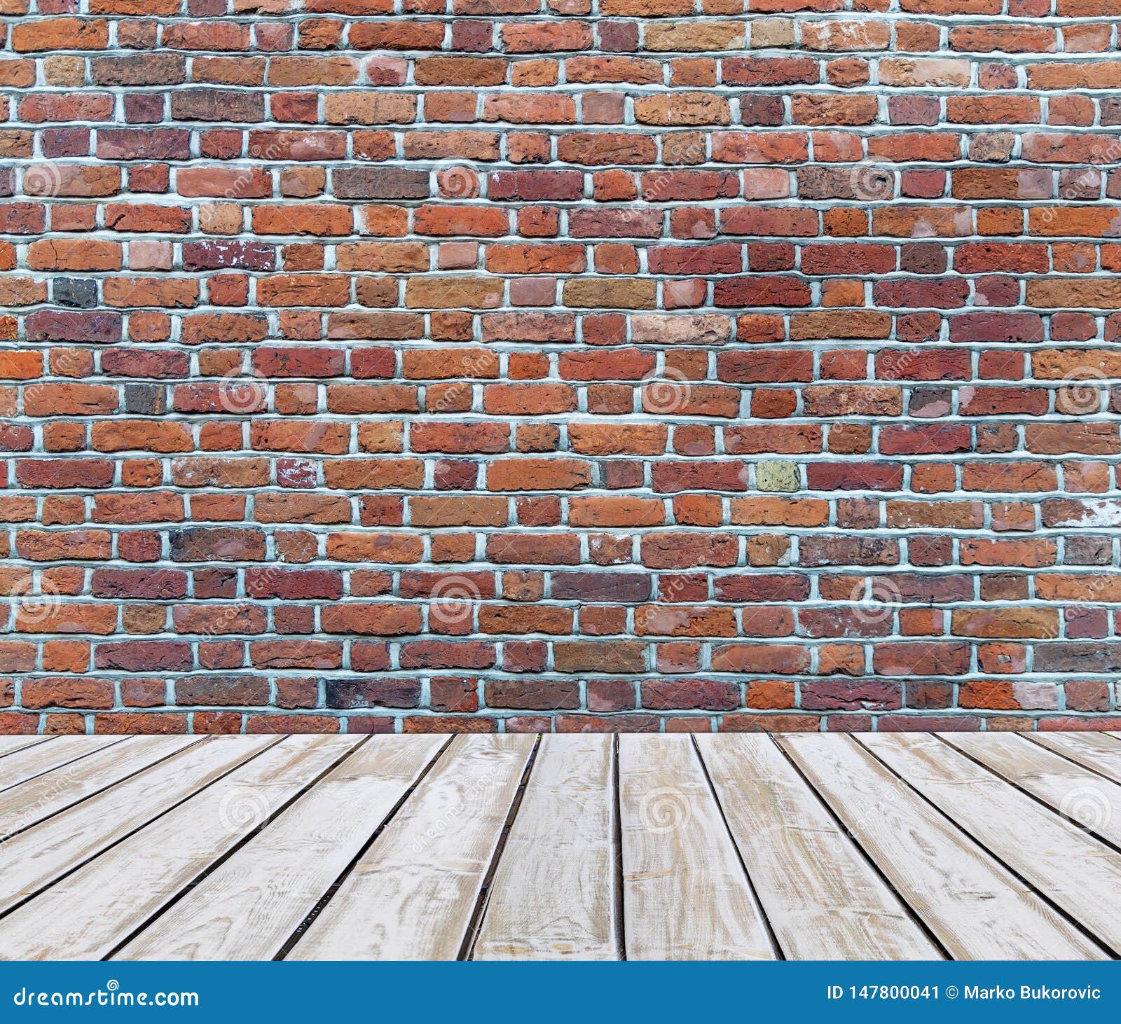 White Wooden Deck Floor with Red Brick Background Stock Image - Image ...