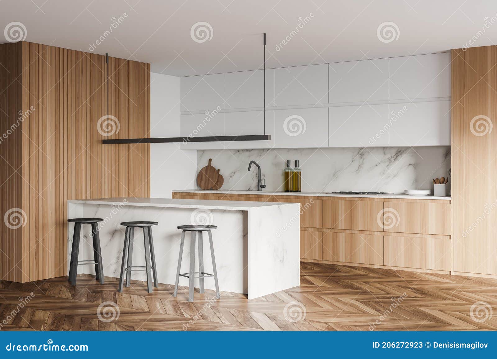 White and Wooden Kitchen Corner with Bar Stock Illustration ...