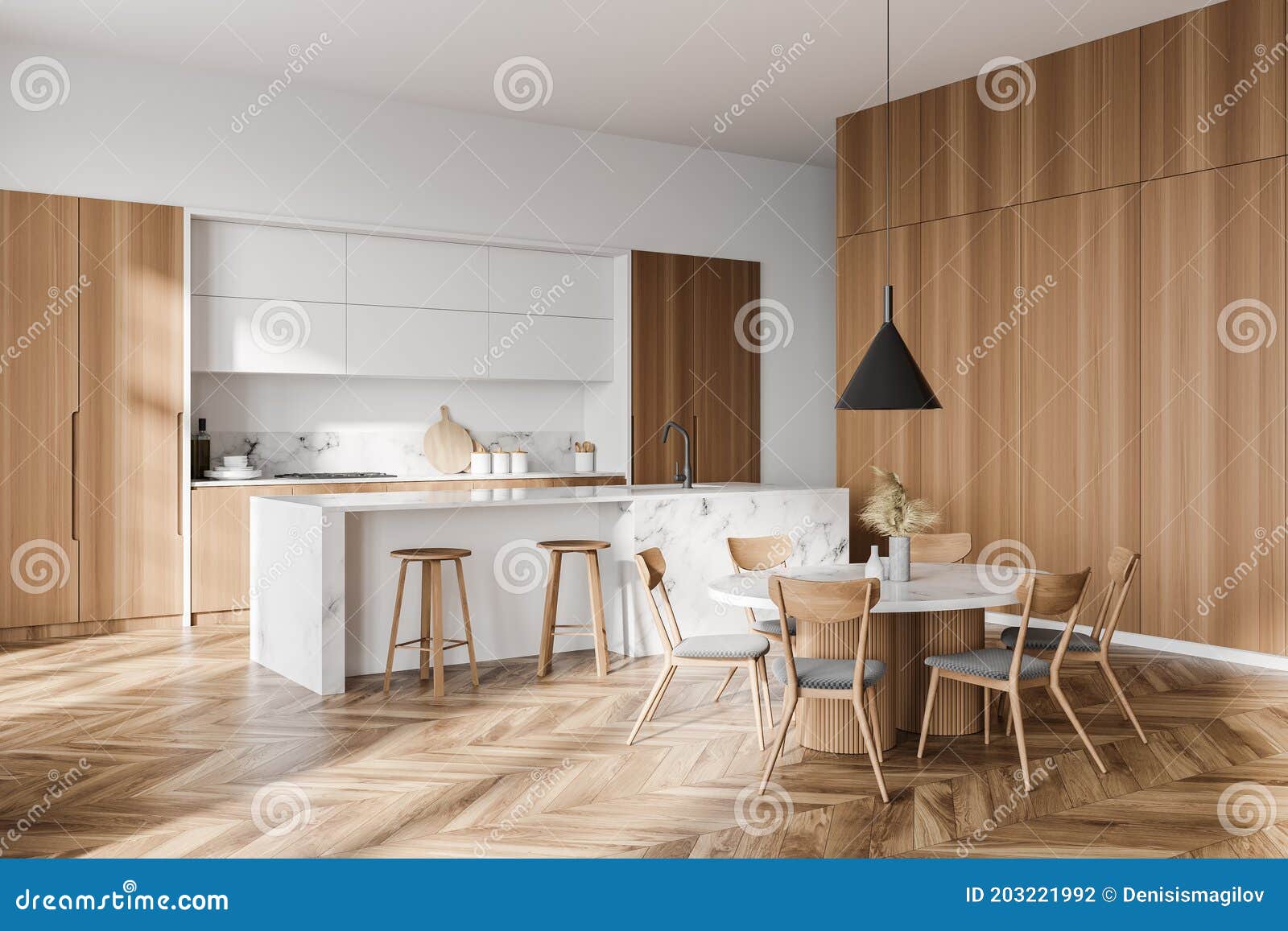 White and Wooden Kitchen Corner with Bar and Table Stock Illustration ...