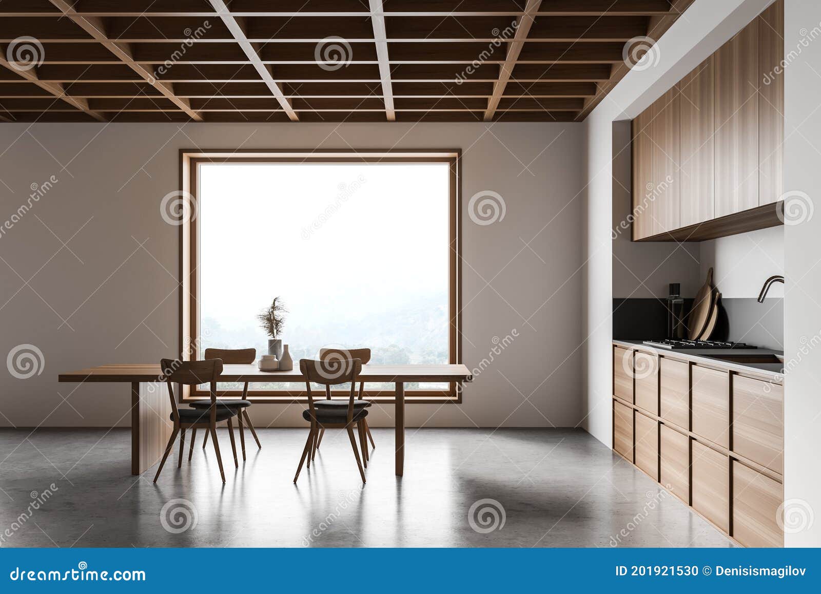 White and Wooden Kitchen Interior with Table, Side View Stock ...
