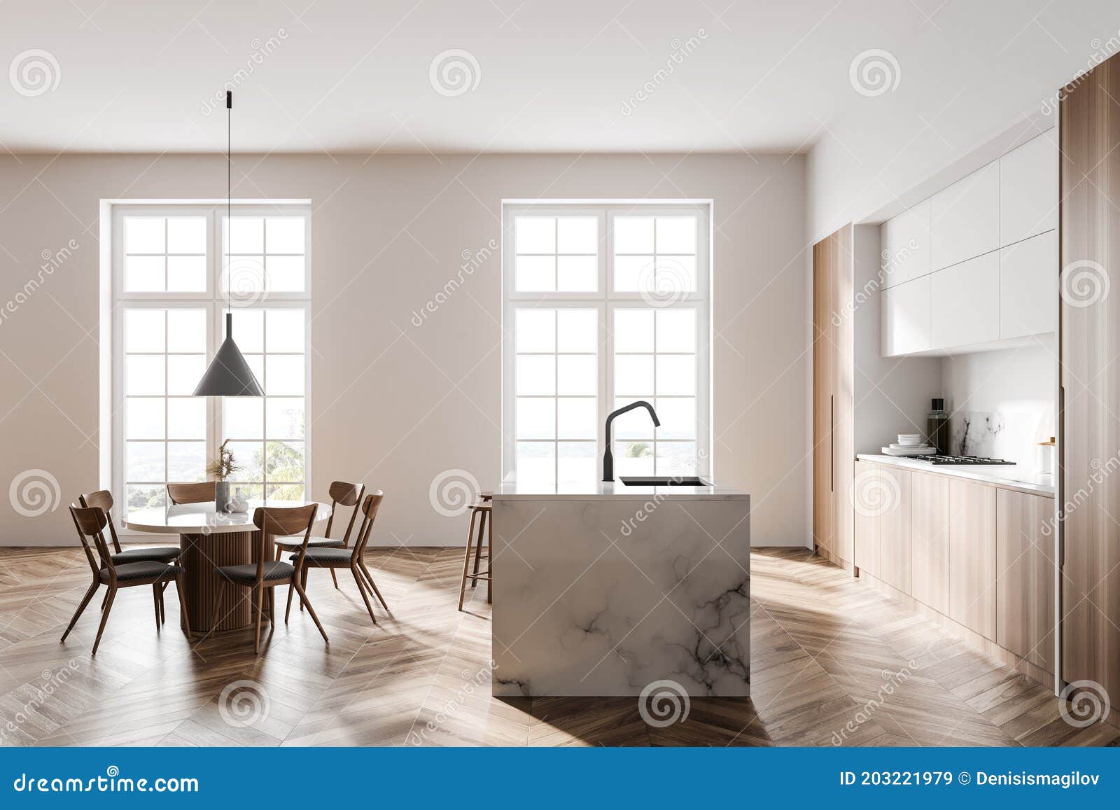 White and Wooden Kitchen with Tale, Side View Stock Illustration ...