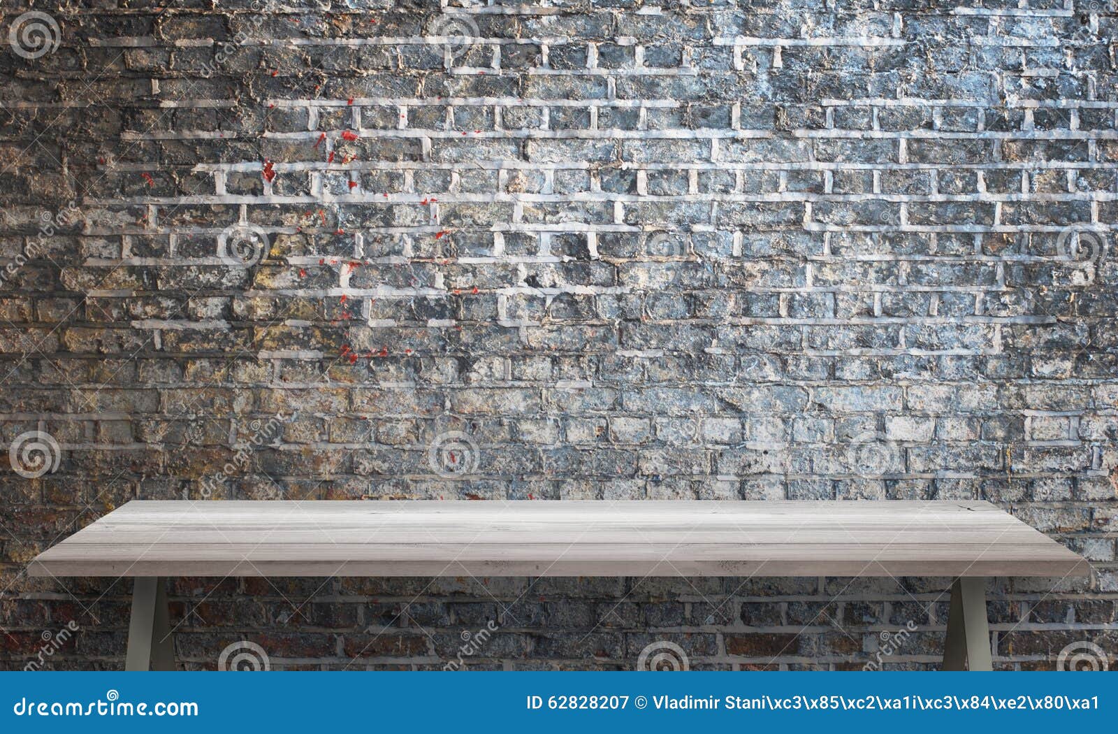 White Wooden Table with Legs. Brick Wall Texture in Background Stock ...