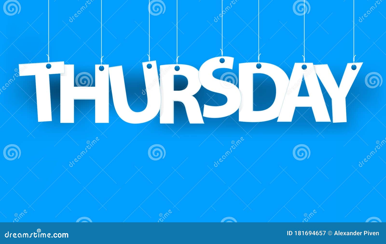 White Word THURSDAY - Word Hanging on the Ropes on Blue Background. 3d ...