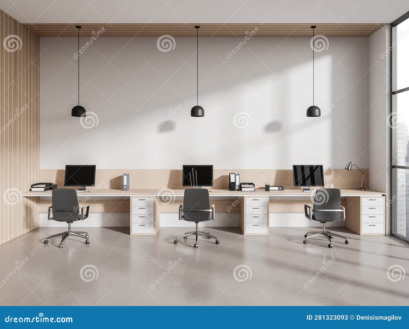 White Workplace Interior with Pc Computer in Row, Panoramic Window ...