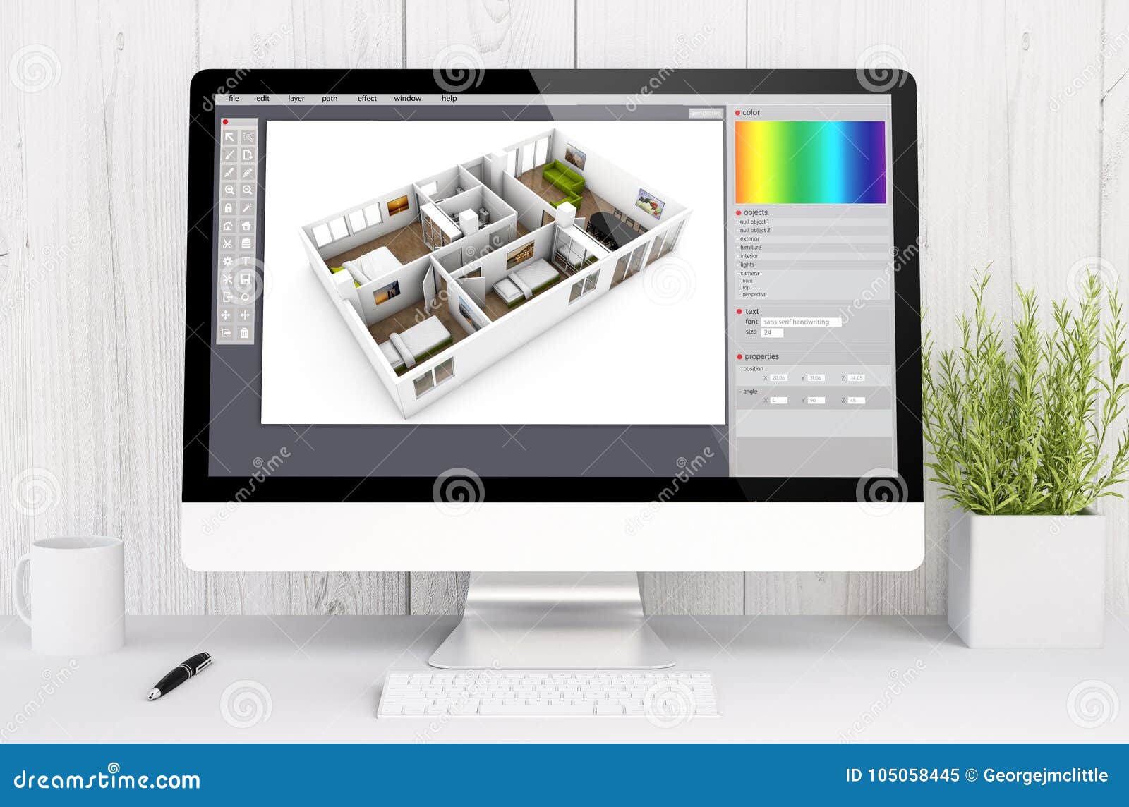 White Workspace with Computer Graphic Interior Design Stock ...