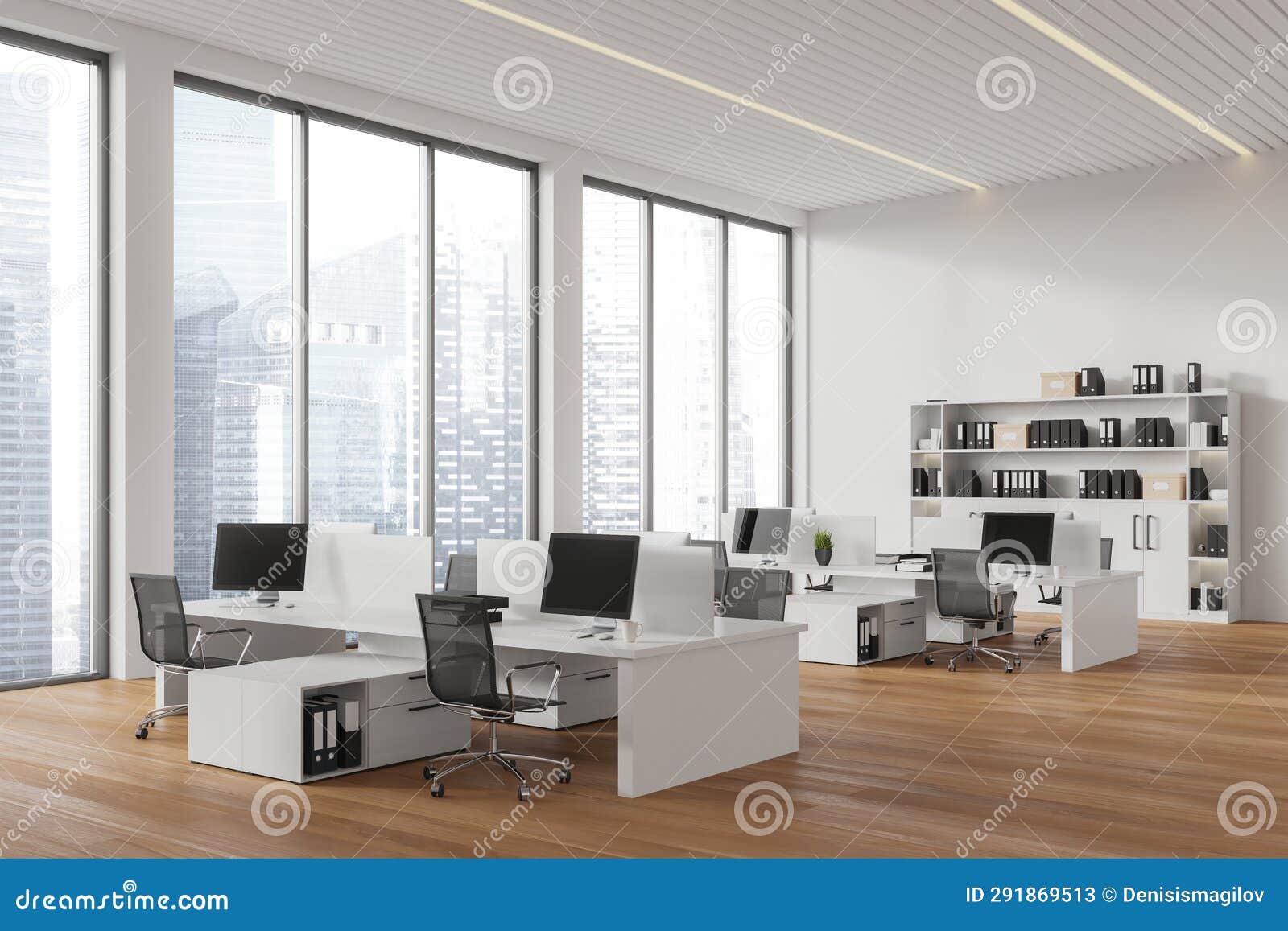 White Workspace Interior with Pc Monitors and Shelf, Panoramic Window ...