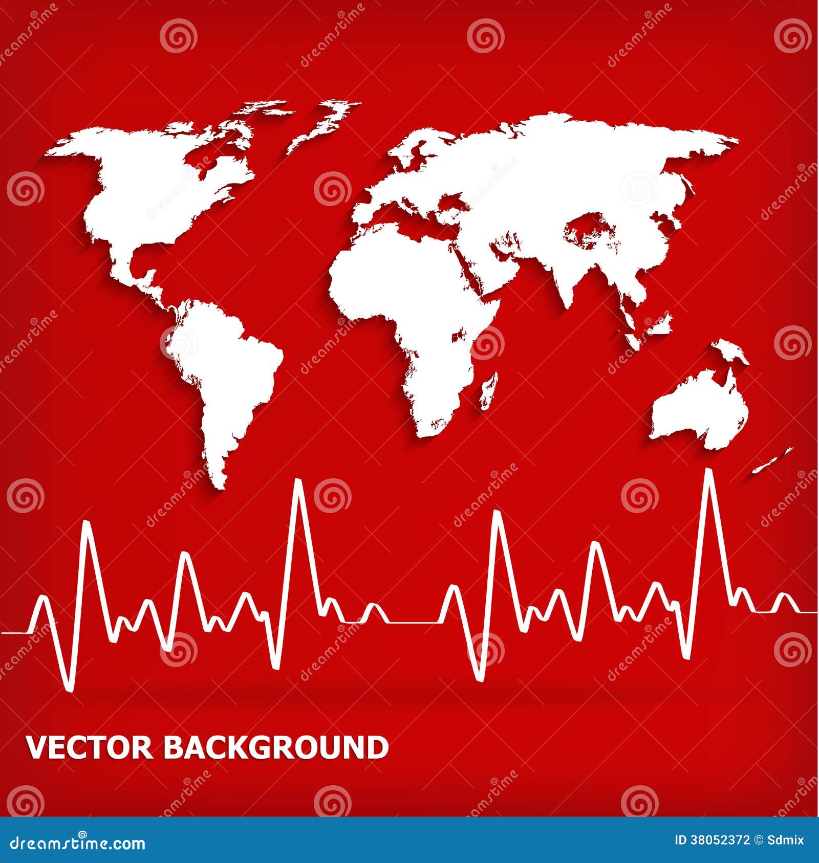 White World Map and Heart Beats Cardiogram on Red Background Stock ...