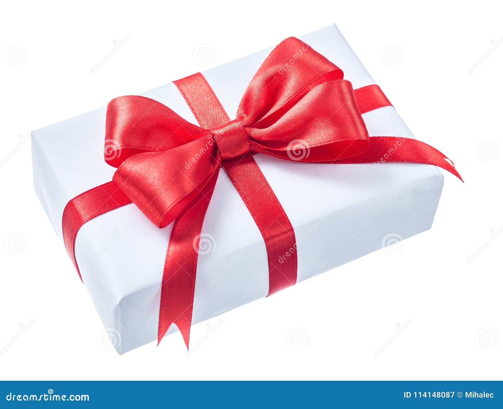 White Wrapped Present Box with Red Ribbon Isolated on White Stock Image ...