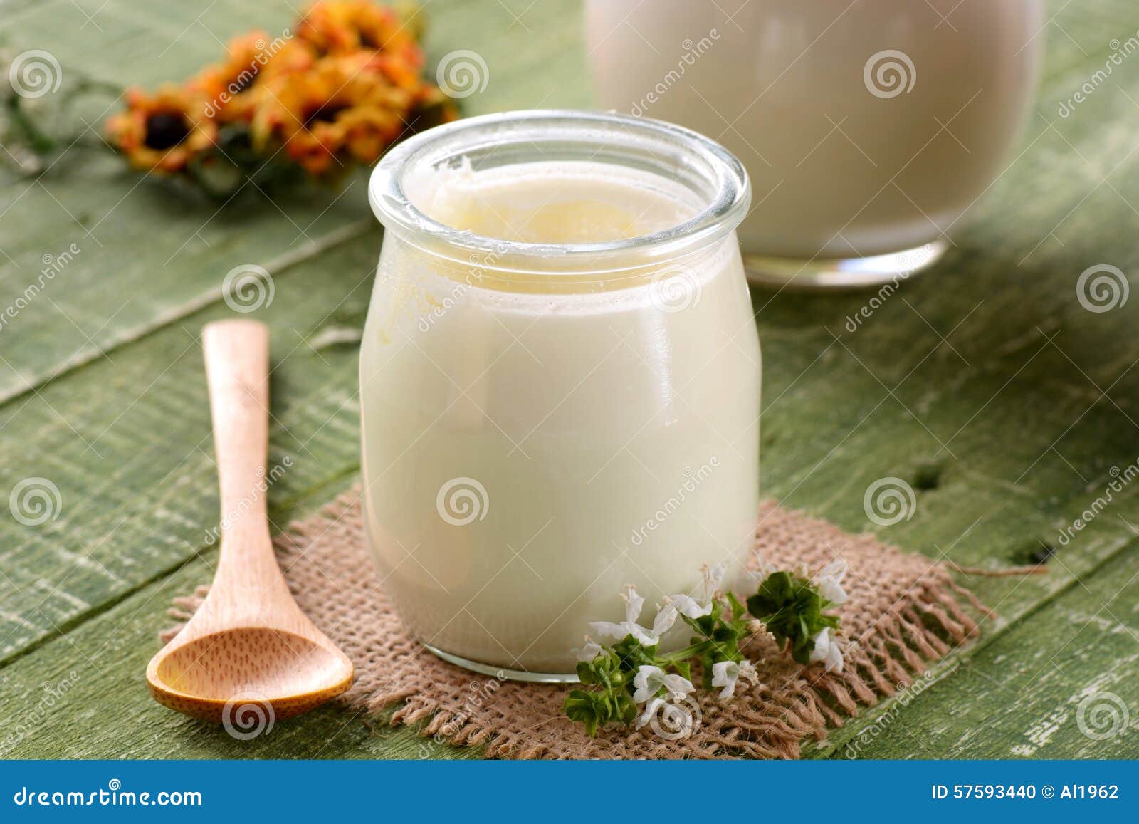 White yogurt in glass jar stock photo. Image of bowl - 57593440