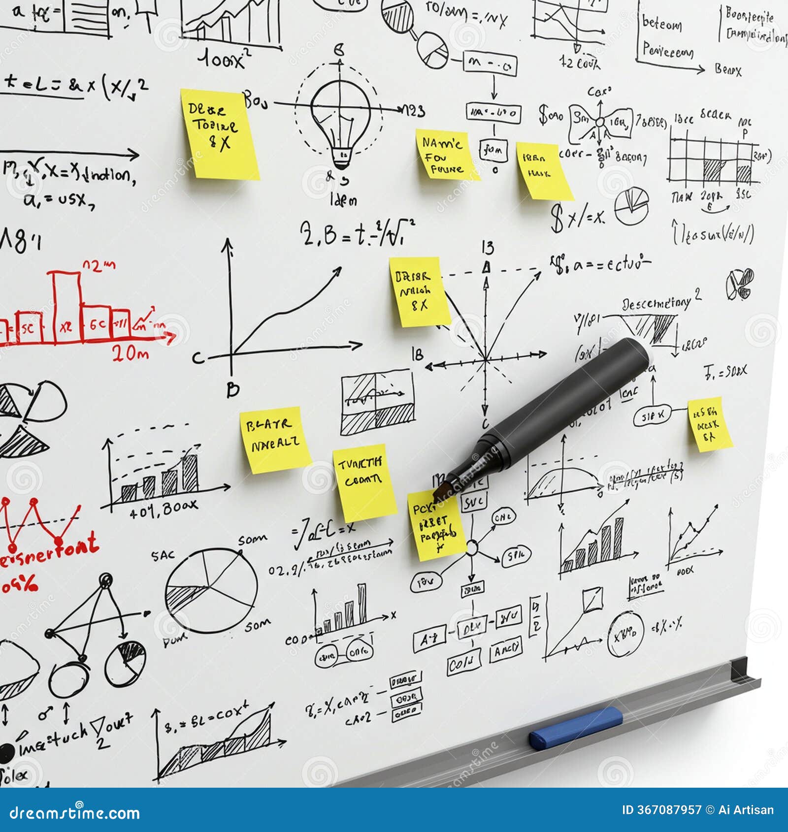 Whiteboard Covered With Hand-drawn Diagrams, Flowcharts, And Graphs ...