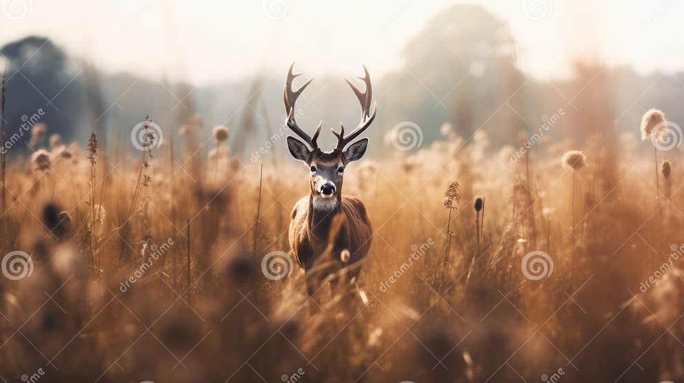 Whitetail Deer Buck Standing In Tall Grass Field At Sunrise Generative