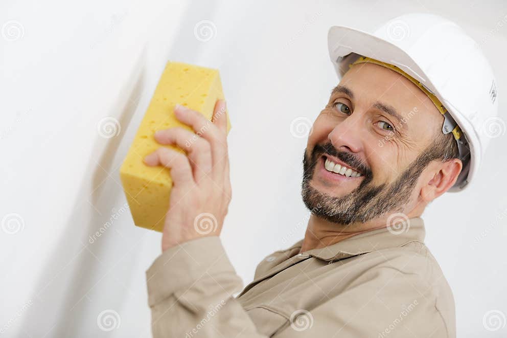 Whitewasher Man Looking at Camera Stock Photo - Image of interior, male ...