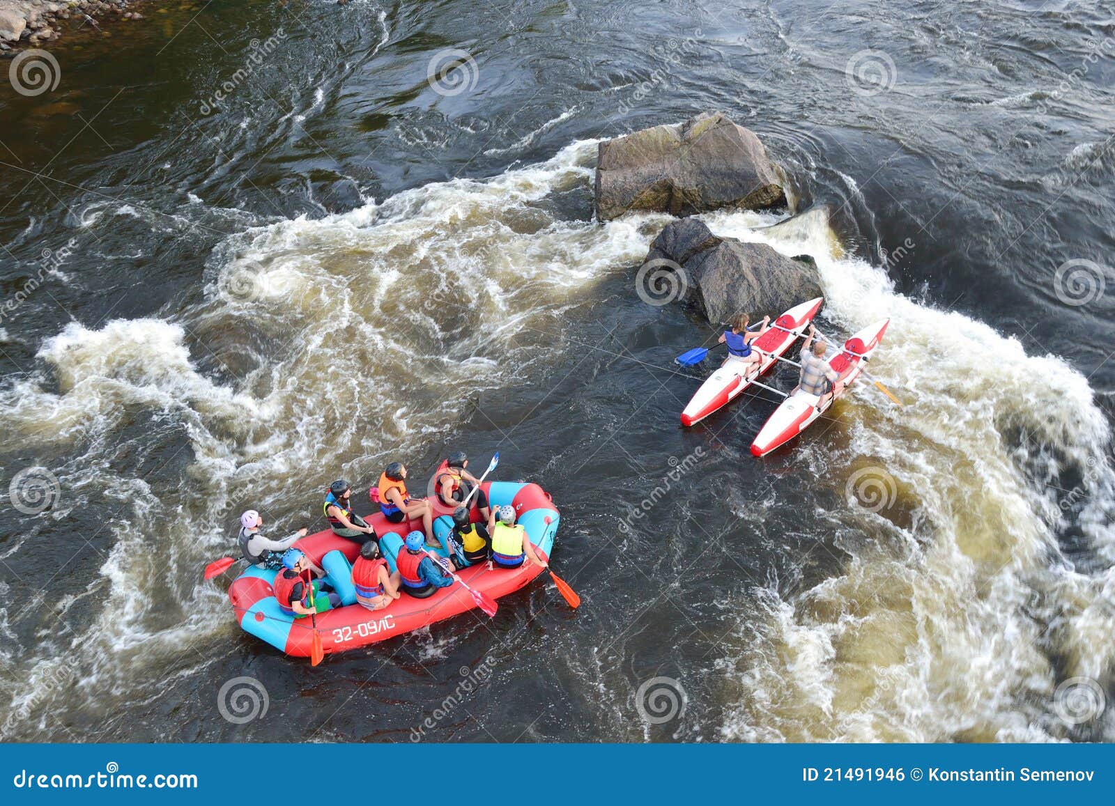 VUOKSI, RUSSIA - JULY 11, 2021. People On Red Inflatable Raft On Rapids ...