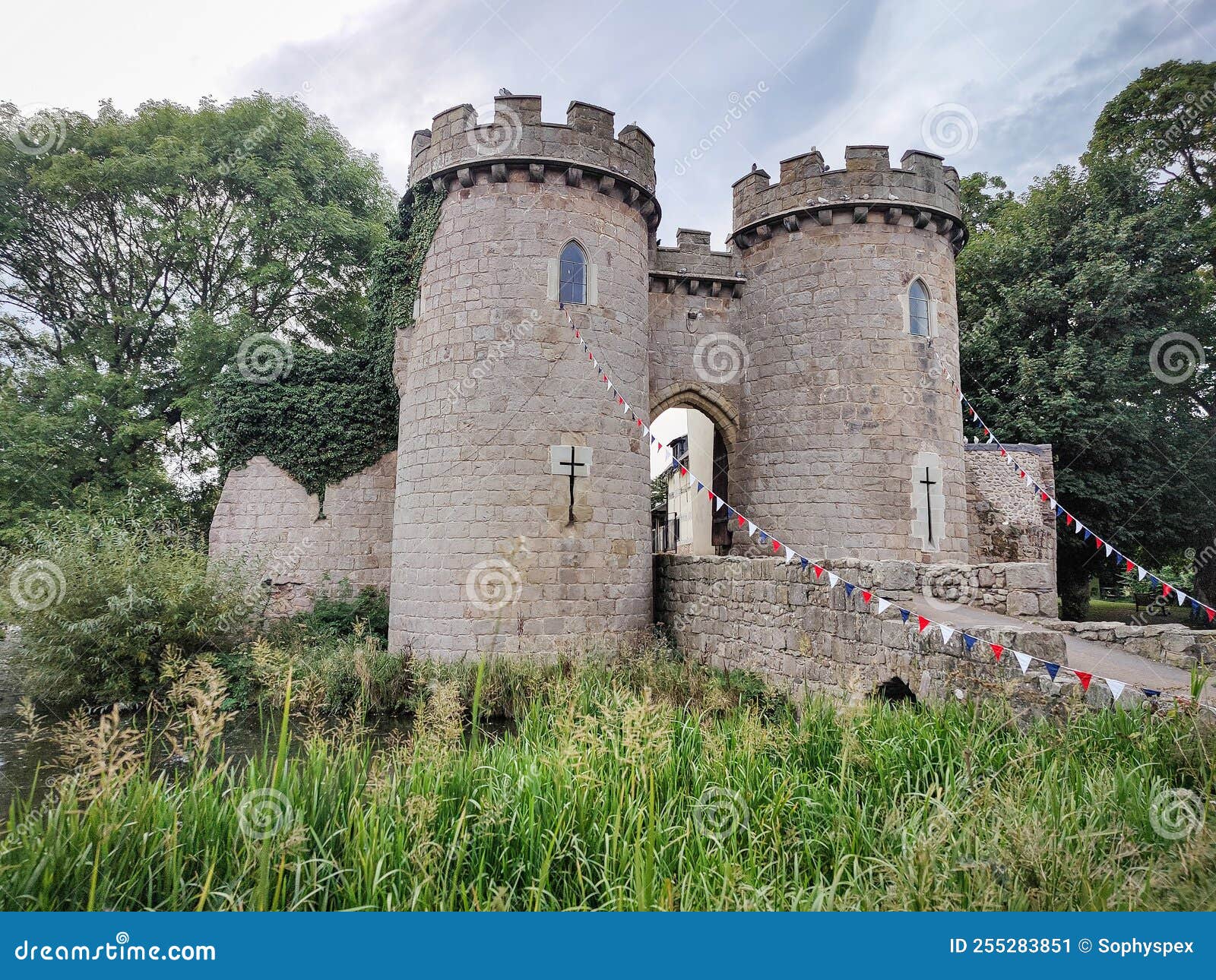 Whittington Castle Gatehouse with Bunting, Shropshire Stock Image ...