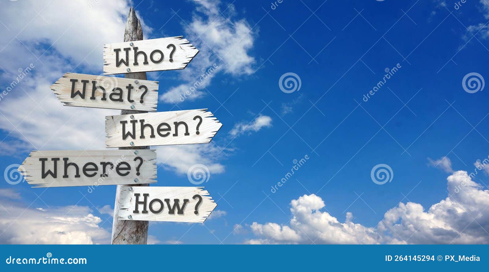 Who, What, when, Where, How - Wooden Signpost with Five Arrows Stock ...