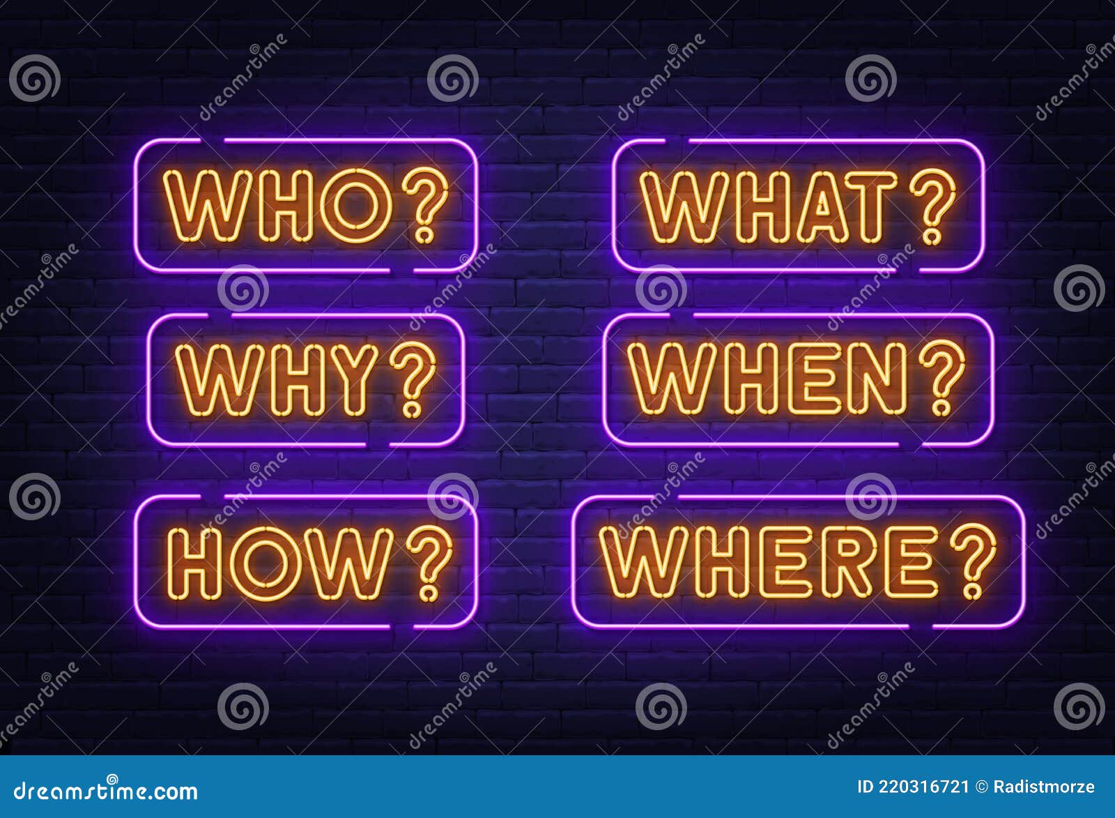 Who Why How What when Where Neon Sign on Brick Wall Background . Stock ...