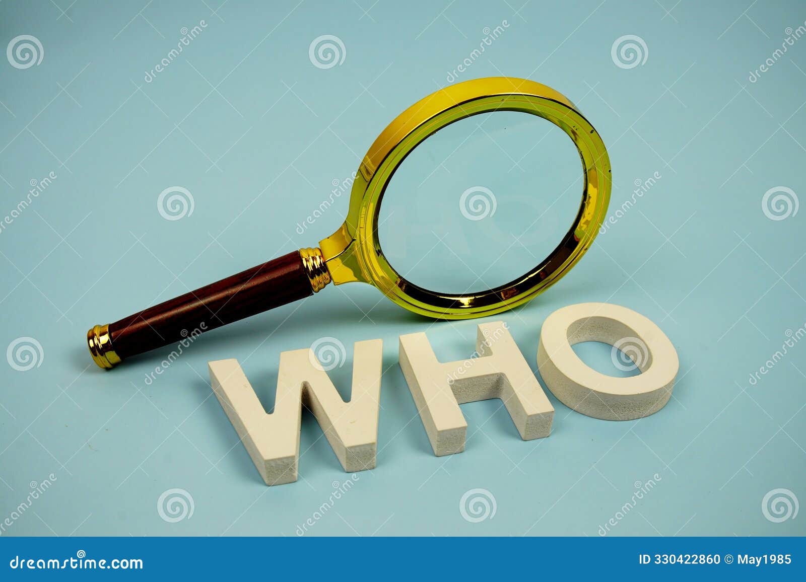 WHO? Word with Magnifying Glass on Blue Background Stock Photo - Image ...