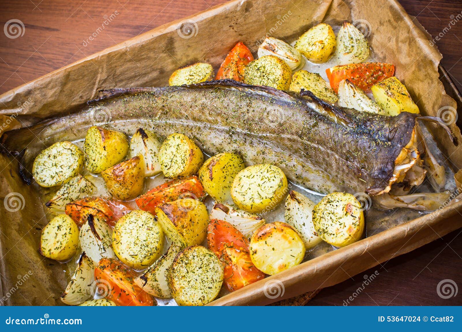 Whole cod with vegetables stock photo. Image of natural - 53647024