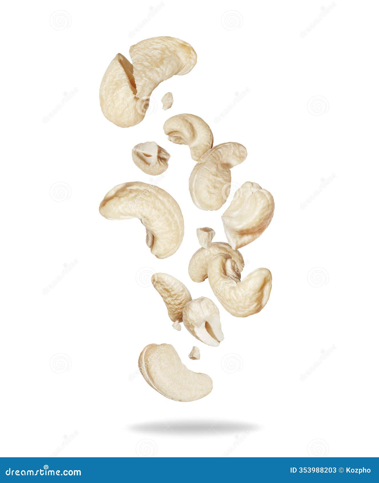 Whole and Crushed Cashew Nuts Floating in the Air Isolated on White ...