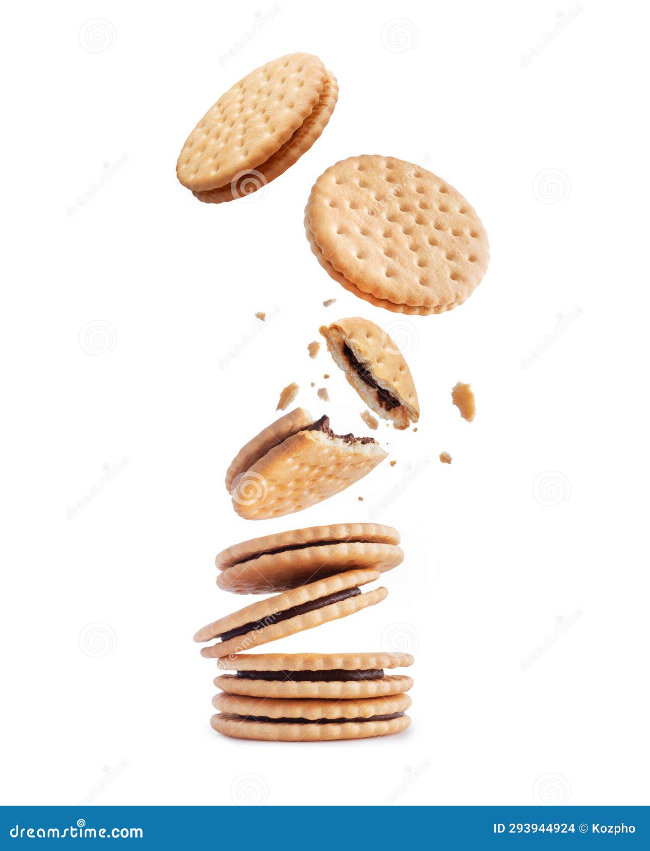 Whole and Crushed Crispy Cookies with Chocolate Filling. Stack of ...