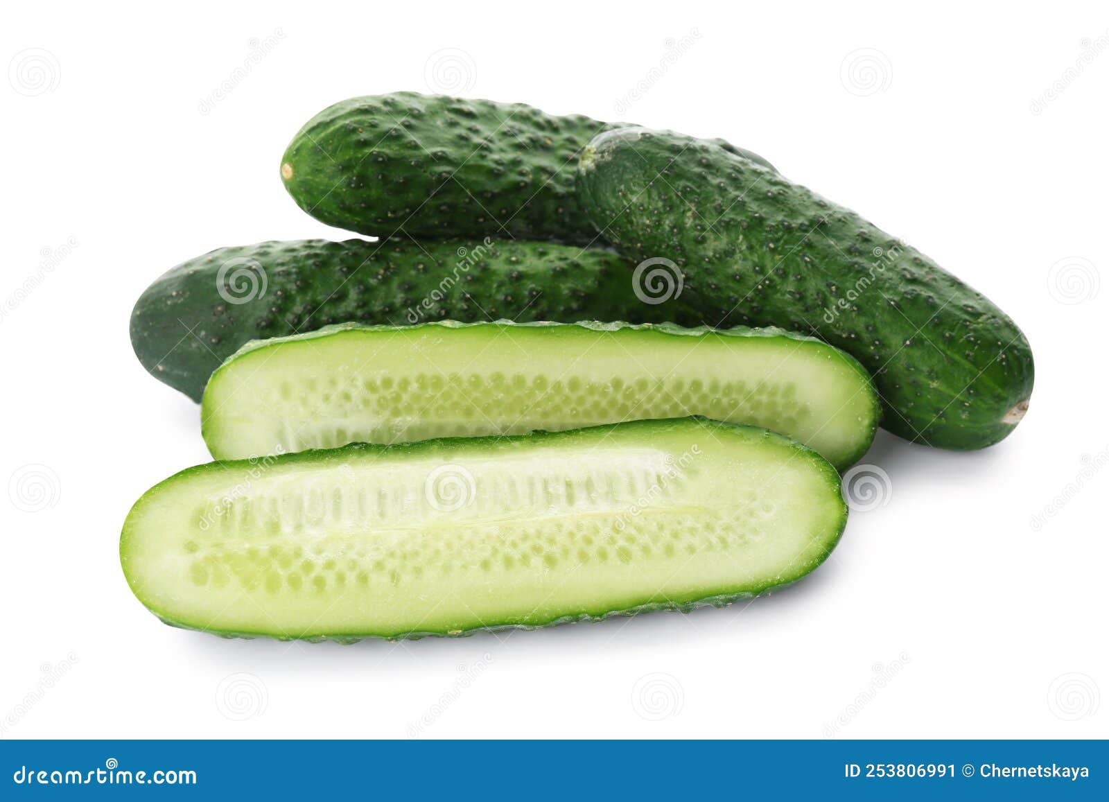 Whole and Cut Cucumbers on White Background Stock Image - Image of ...