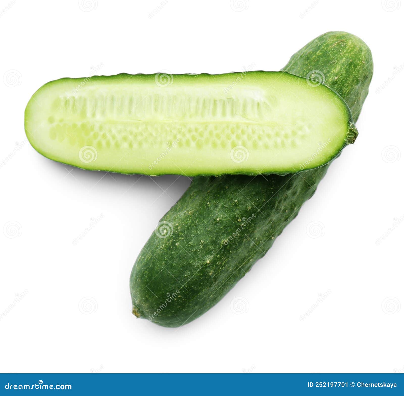 Whole and Cut Cucumbers on White Background, Top View Stock Image ...