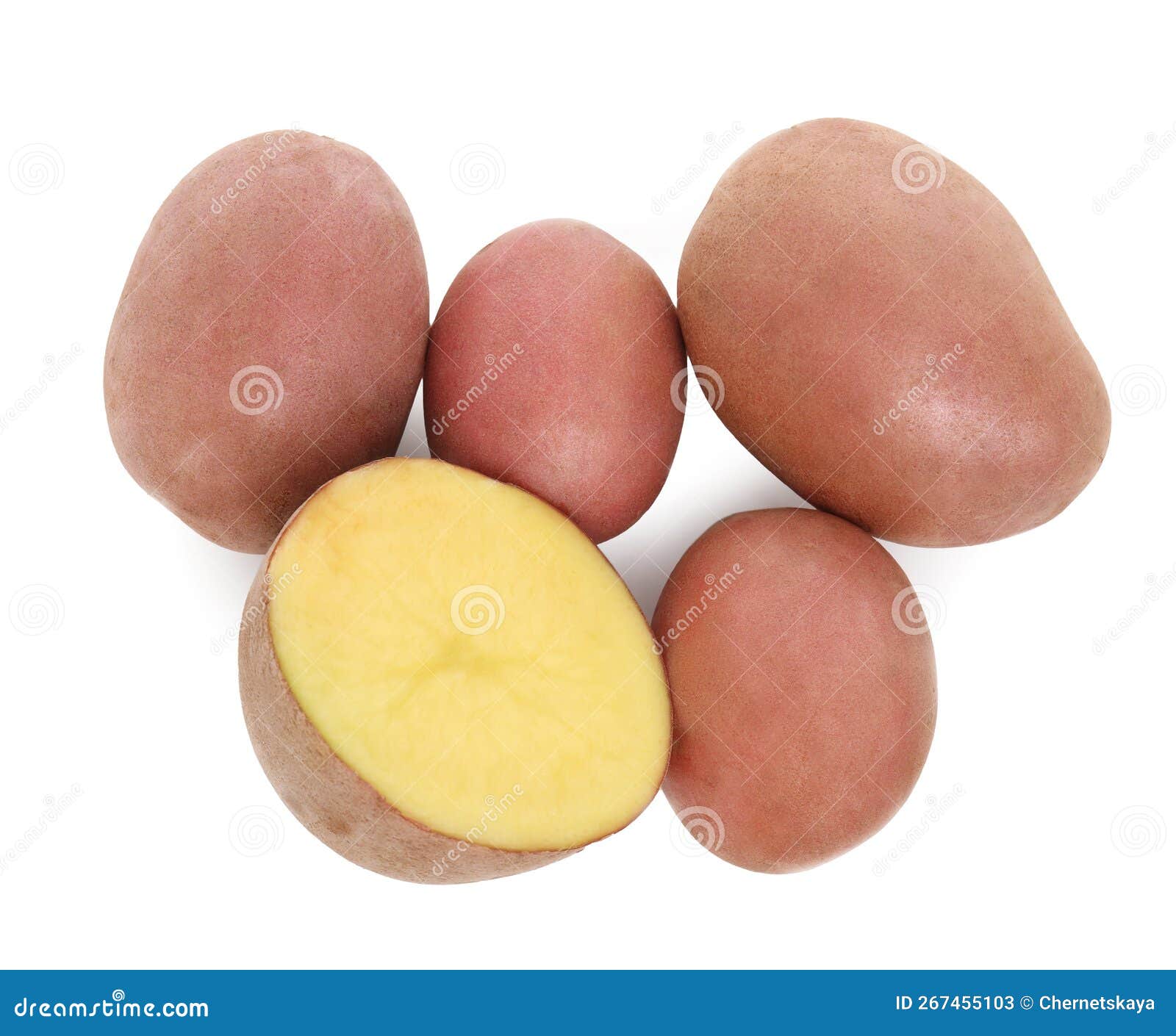 Whole and Cut Fresh Potatoes on White Background, Top View Stock Image ...