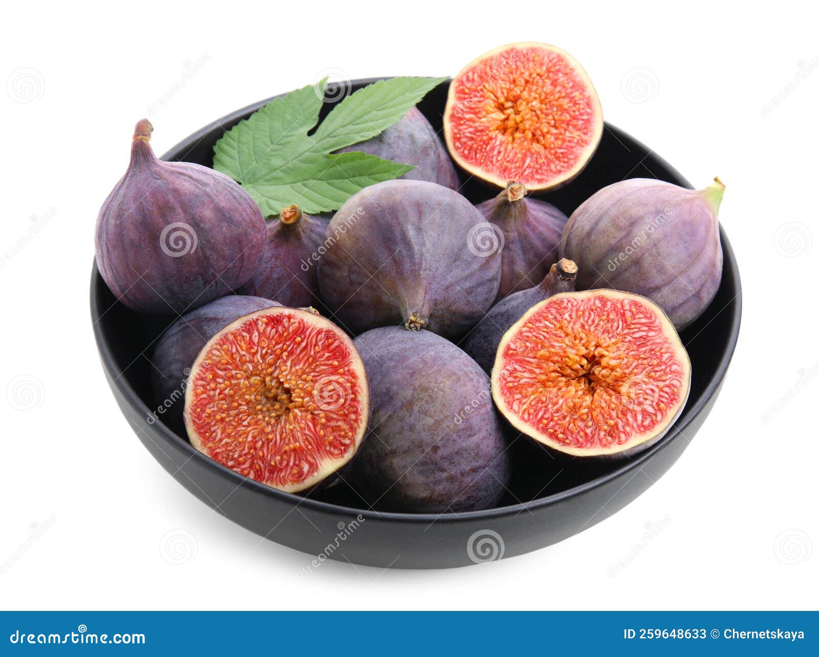 Whole and Cut Fresh Purple Figs in Bowl Isolated on White Stock Image ...