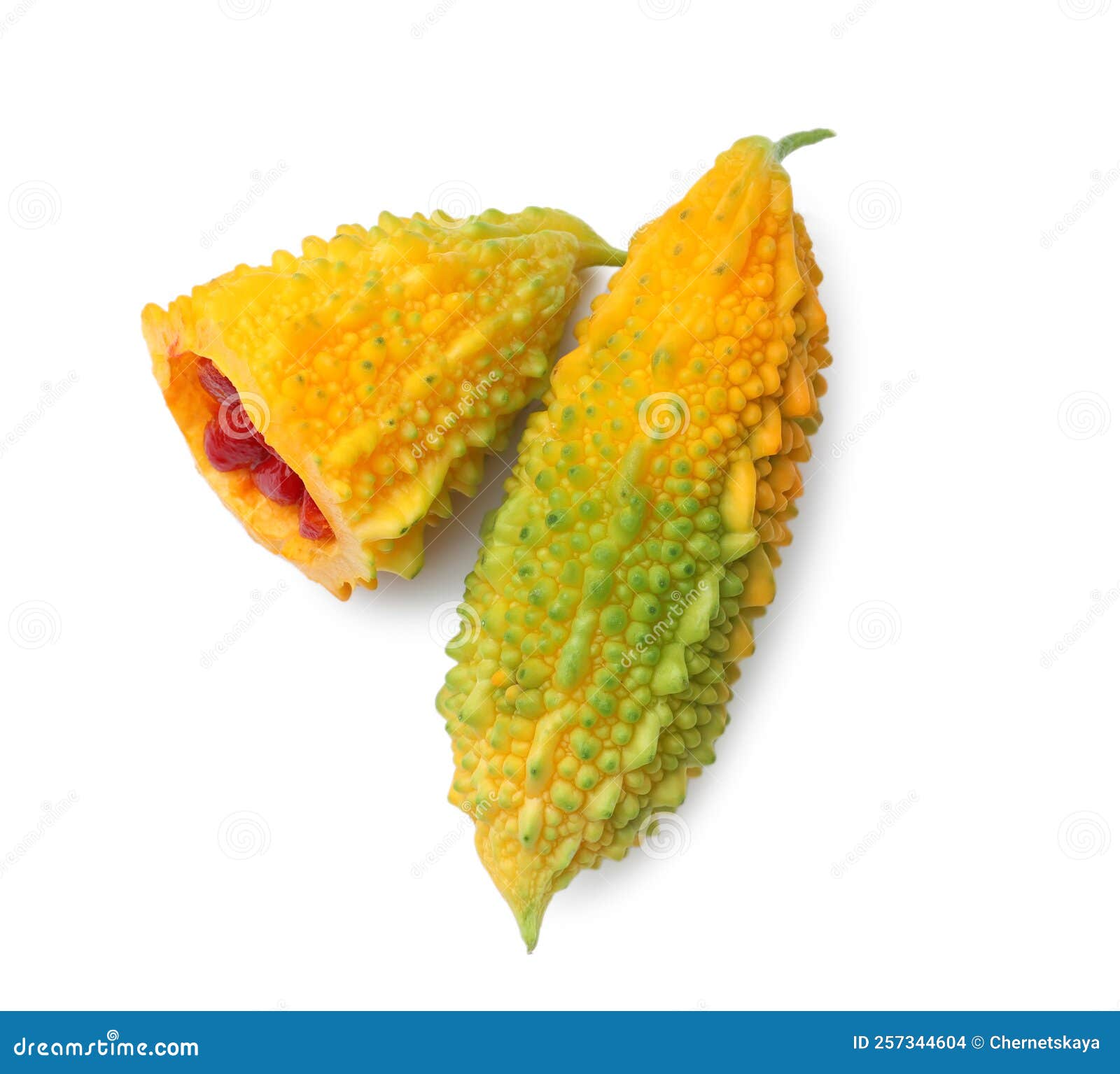 Whole and Cut Fresh Ripe Bitter Melons on White Background, Top View ...