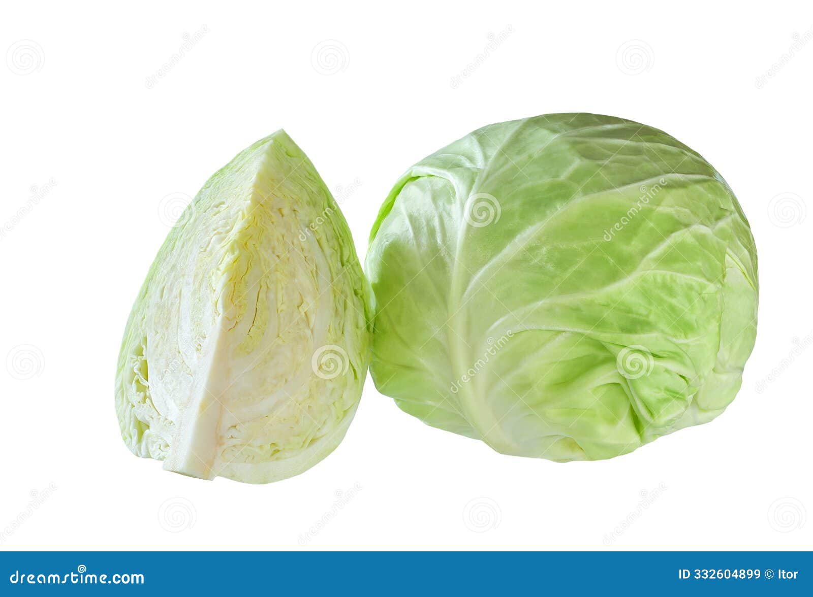 Whole and Cut in Quarter Green Cabbage Isolated on White Background ...