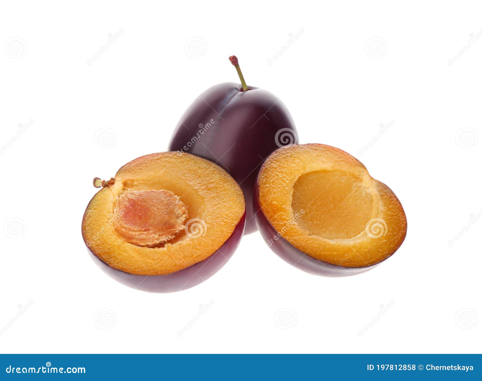 Whole and Cut Ripe Plums Isolated on White Stock Photo - Image of juicy ...