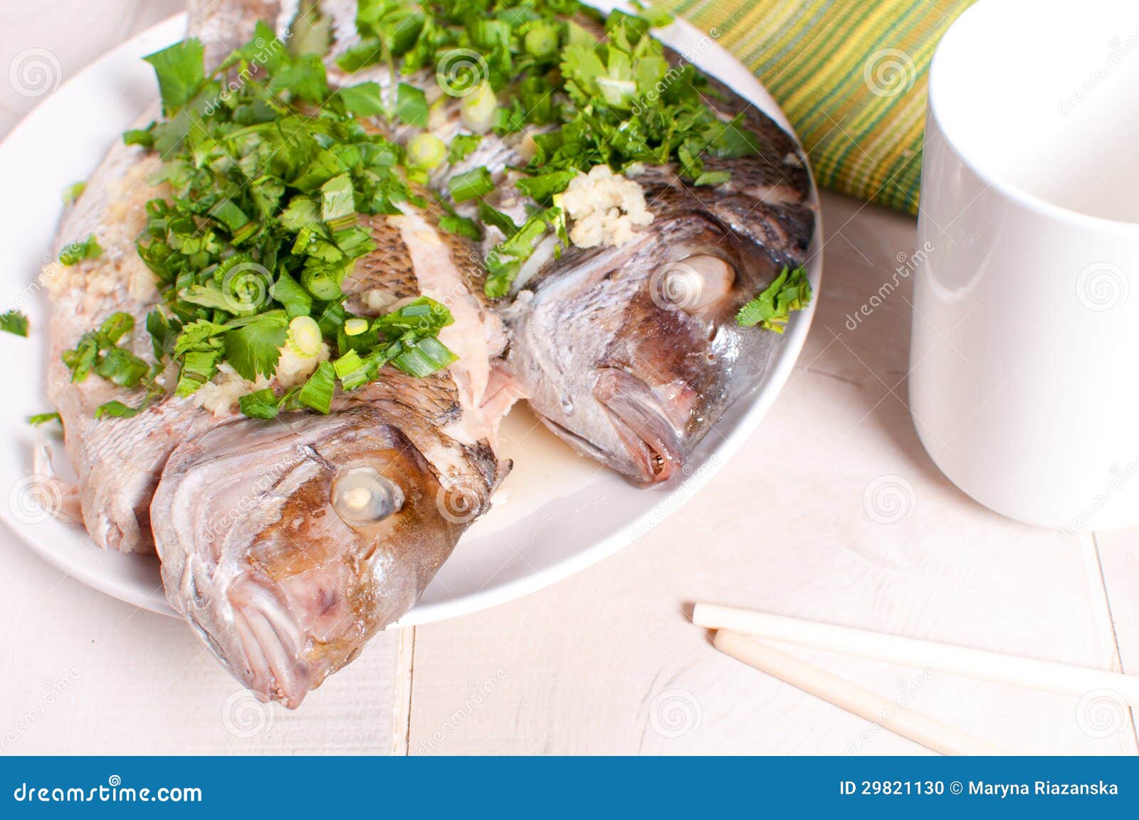 Whole Fish Perch Steamed with Scallions and Ginger Stock Photo - Image ...