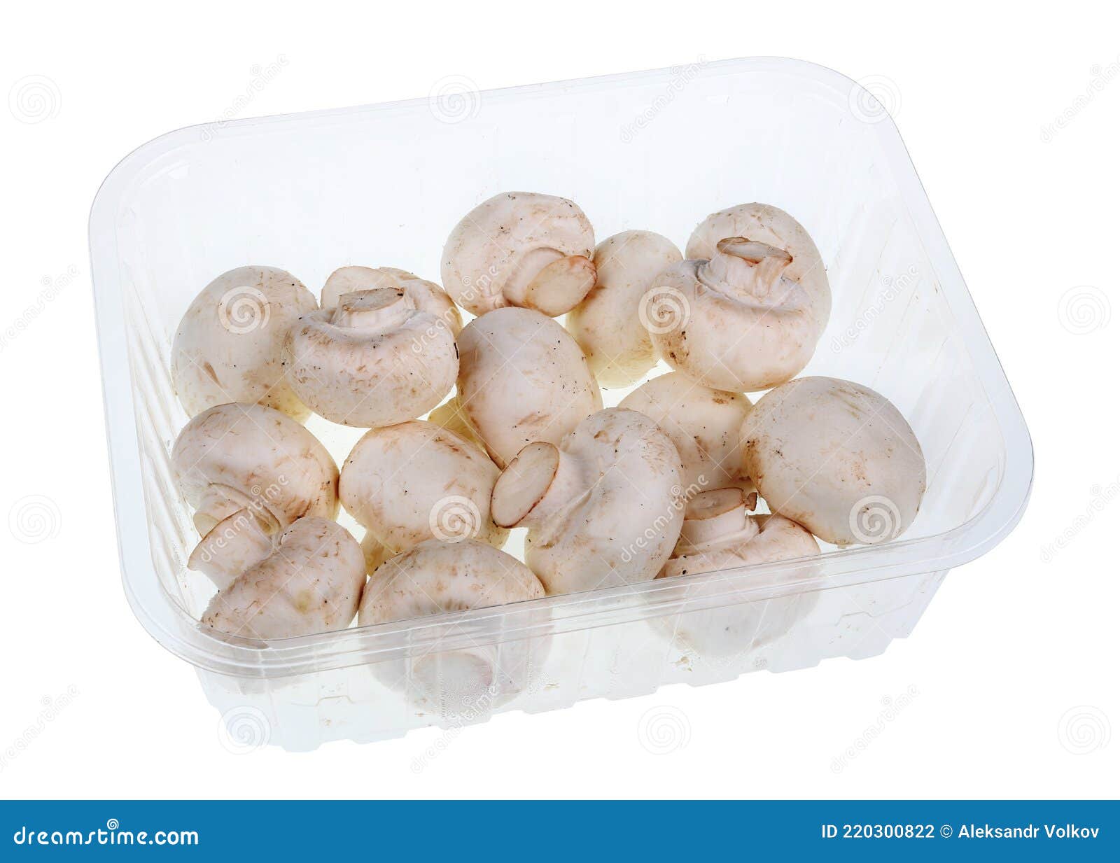 Whole Fresh Champignon Mushrooms in Blue Plastic Container Isolated ...