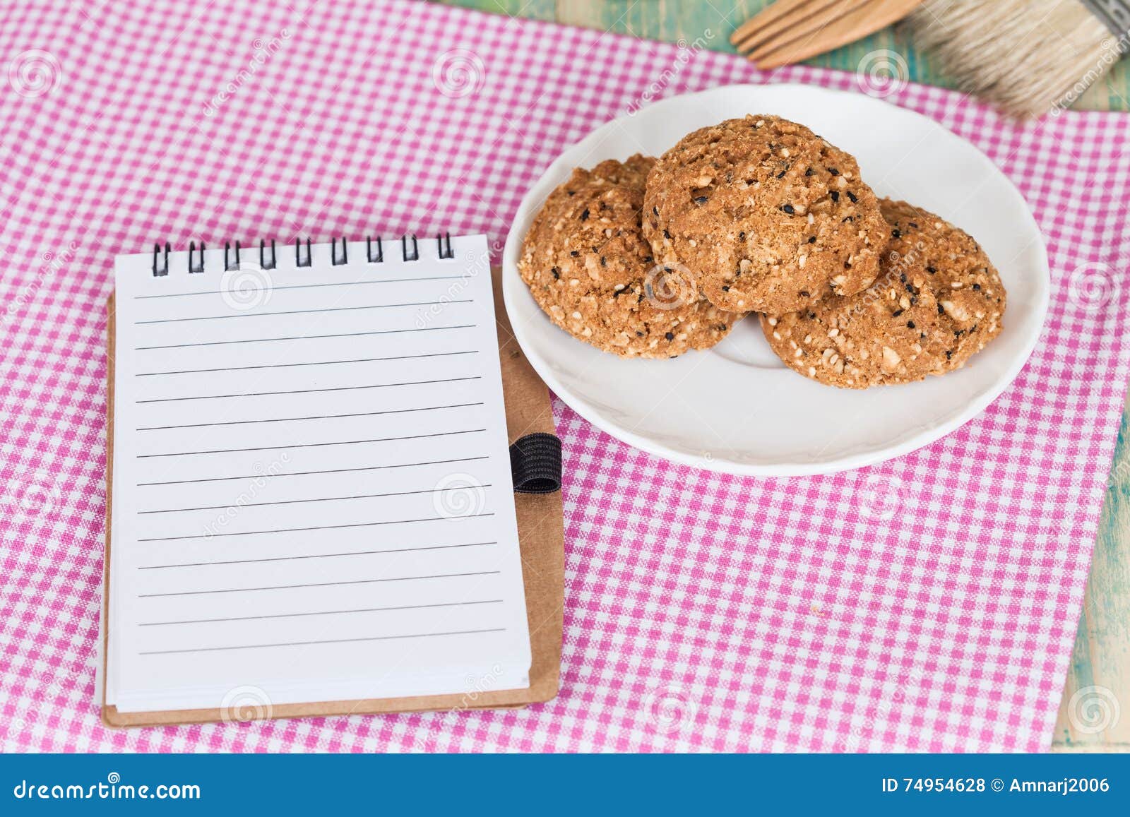 Whole Grain Cookie with Note Book on Wood Table Stock Photo - Image of ...