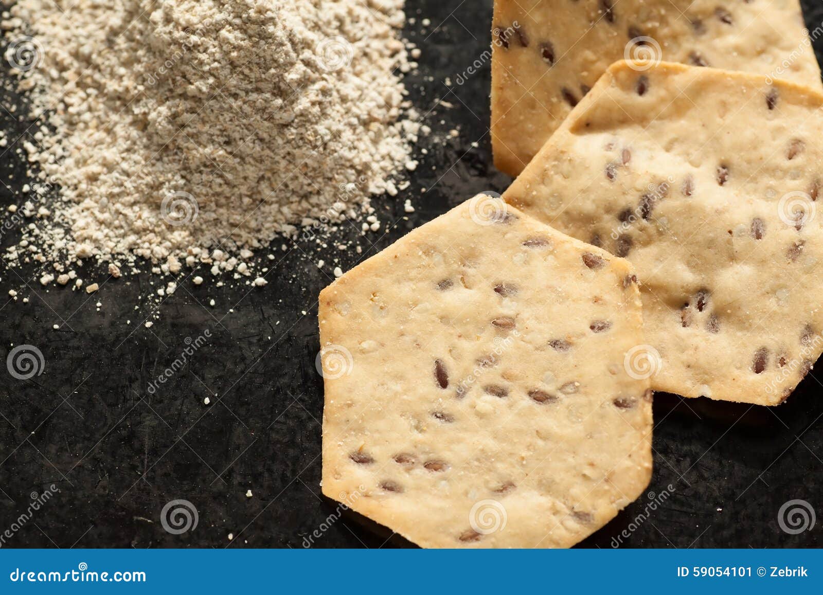 Whole Grain Organic Cracker and Flour on the Black Stock Image - Image ...