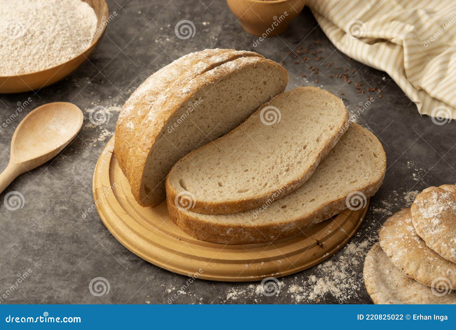 Whole Grain Round Bread on Dark Background. Bread for Breakfast Stock ...