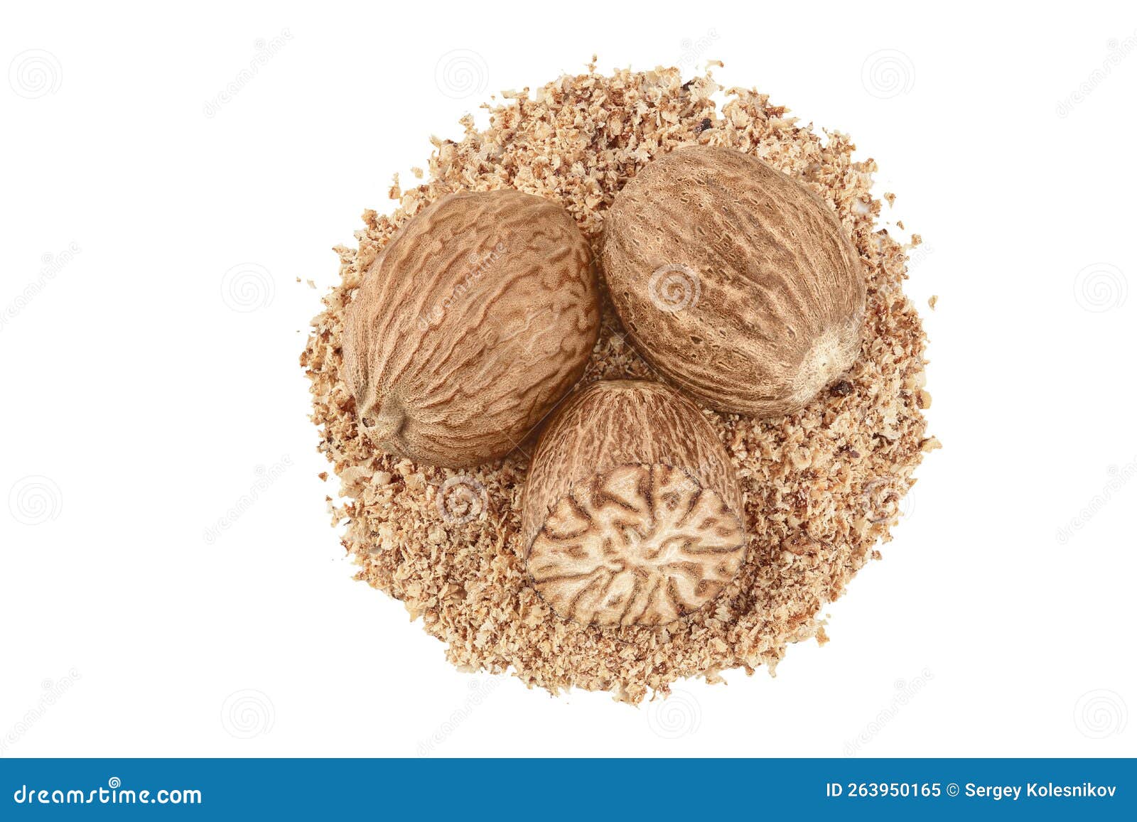 Whole and Grated Nutmeg Isolated on White Background with Full Depth of ...