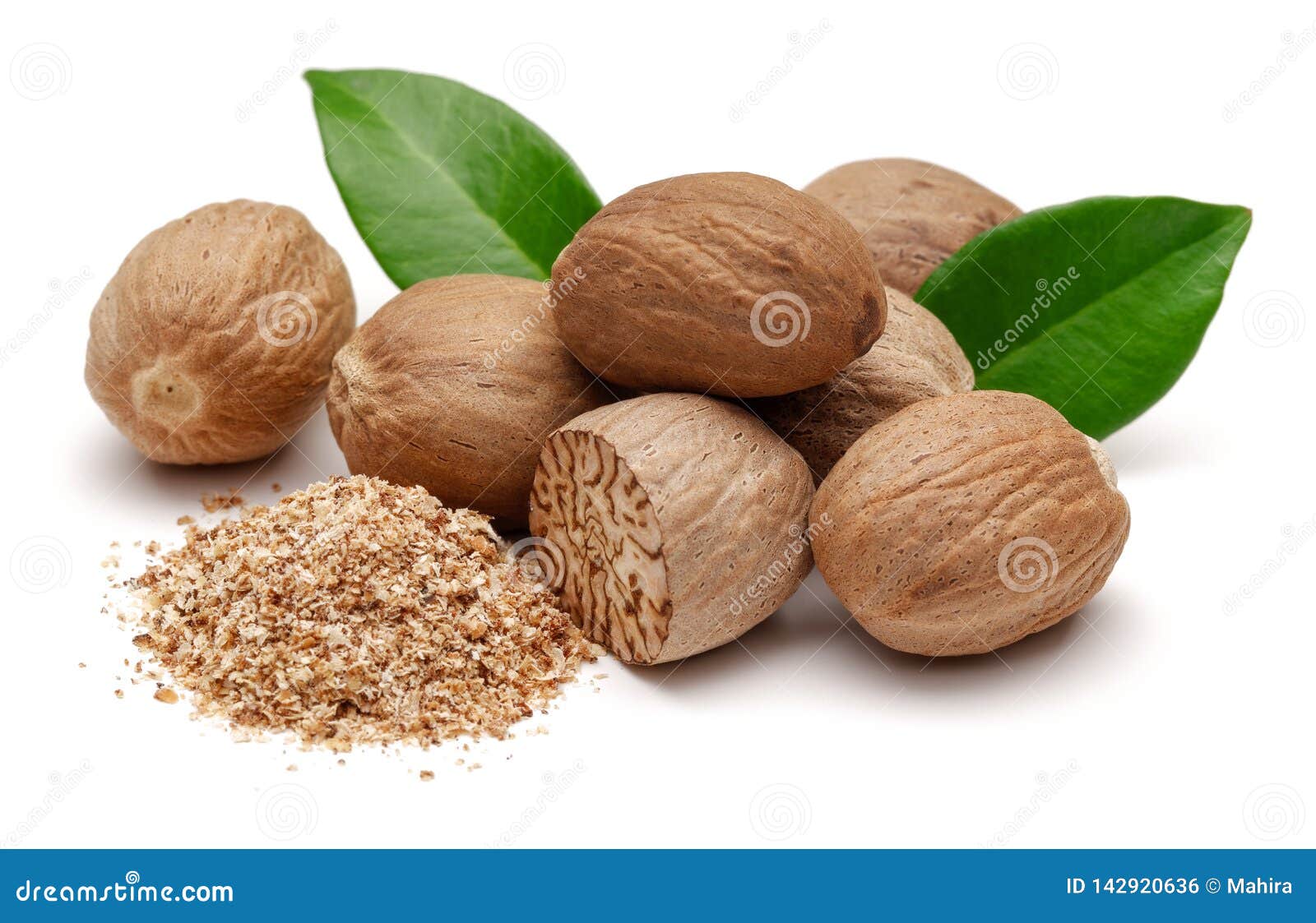 Whole and Grated Nutmeg with Leaves Isolated Stock Photo - Image of ...